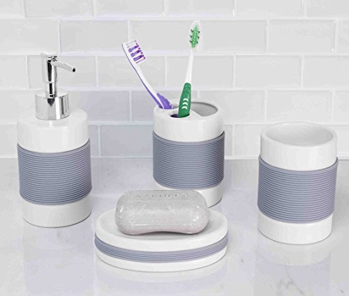 Home Basics 4 Piece Bath Accessory Set with Rubber Grip, Featuring Soap Dish, Toothbrush Holder, Tumbler, Soap Dispenser, White