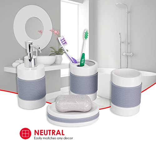 Home Basics 4 Piece Bath Accessory Set with Rubber Grip, Featuring Soap Dish, Toothbrush Holder, Tumbler, Soap Dispenser, White