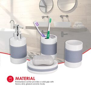 Home Basics 4 Piece Bath Accessory Set with Rubber Grip, Featuring Soap Dish, Toothbrush Holder, Tumbler, Soap Dispenser, White