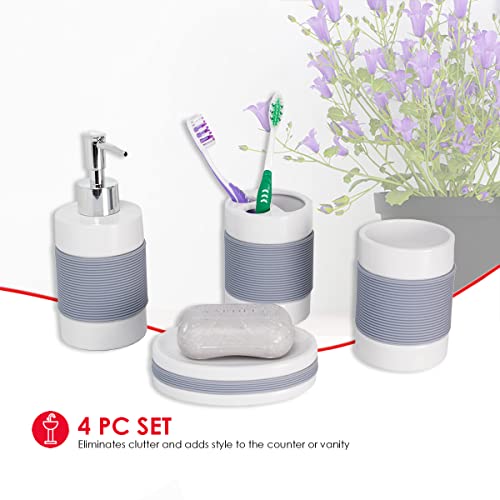 Home Basics 4 Piece Bath Accessory Set with Rubber Grip, Featuring Soap Dish, Toothbrush Holder, Tumbler, Soap Dispenser, White