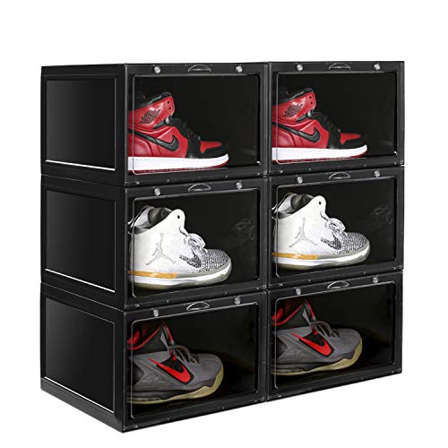 Shoe Storage Boxes Clear Stackable Women Men Sneaker Storage Display Box Foldable Shoe Organizer Box Black Closet Bedroom Plastic Shoe Boxes Black (3 Pack)