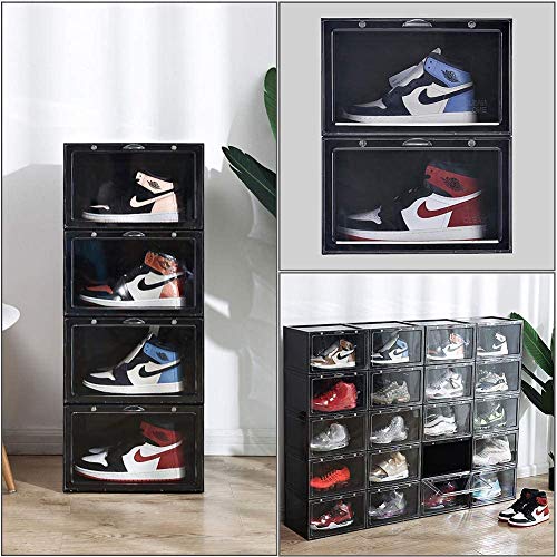 Shoe Storage Boxes Clear Stackable Women Men Sneaker Storage Display Box Foldable Shoe Organizer Box Black Closet Bedroom Plastic Shoe Boxes Black (3 Pack)