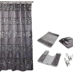 Popular Bath 7 Piece Sinatra Silver Shower Curtain, Resin Hooks, Towels and Rugs Set