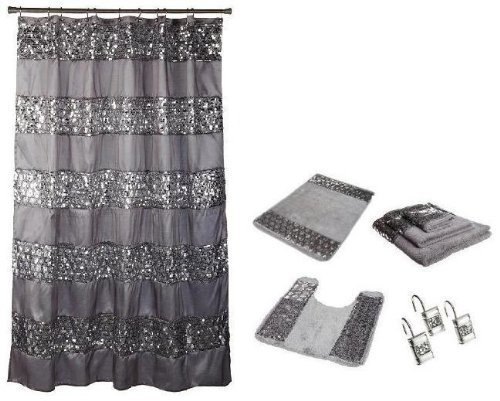 Popular Bath 7 Piece Sinatra Silver Shower Curtain, Resin Hooks, Towels and Rugs Set