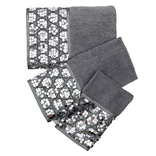 Popular Bath 7 Piece Sinatra Silver Shower Curtain, Resin Hooks, Towels and Rugs Set