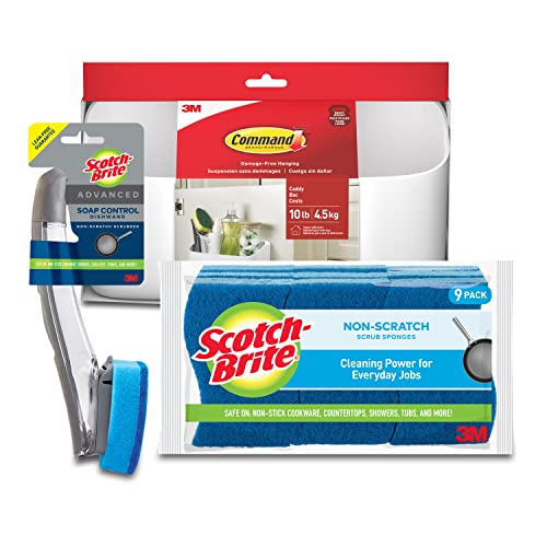 Scotch-Brite Non-Scratch Scrub Sponges (9 Pack) + Non-Scratch Advanced Soap Control Dishwand + Command Large Organizing Caddy