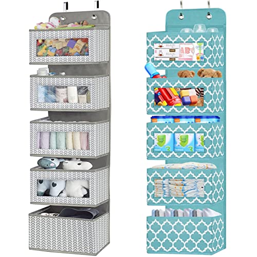 VERONLY 2 Pack Over The Door Hanging Organizer with 5 Large Pockets - Foldable Wall Mount Fabric Storage with Clear Window and 2 Metal Hooks for Pantry,Closet,Kitchen,Nursery,Bathroom,Dorm