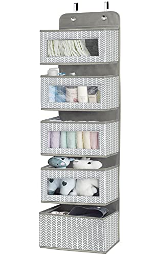 VERONLY 2 Pack Over The Door Hanging Organizer with 5 Large Pockets - Foldable Wall Mount Fabric Storage with Clear Window and 2 Metal Hooks for Pantry,Closet,Kitchen,Nursery,Bathroom,Dorm