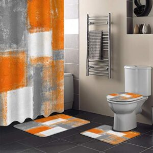 Houseown 4Pcs Chic Ombre Shabby Shower Curtain Sets Bathroom Decor, Orange Grey Retro Texture Bathroom Shower Curtain Set with U Shaped Non-Slip Rugs and Fabric Polyester Accessories