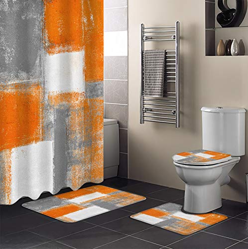 Houseown 4Pcs Chic Ombre Shabby Shower Curtain Sets Bathroom Decor, Orange Grey Retro Texture Bathroom Shower Curtain Set with U Shaped Non-Slip Rugs and Fabric Polyester Accessories