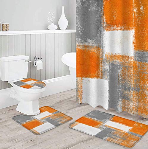 Houseown 4Pcs Chic Ombre Shabby Shower Curtain Sets Bathroom Decor, Orange Grey Retro Texture Bathroom Shower Curtain Set with U Shaped Non-Slip Rugs and Fabric Polyester Accessories