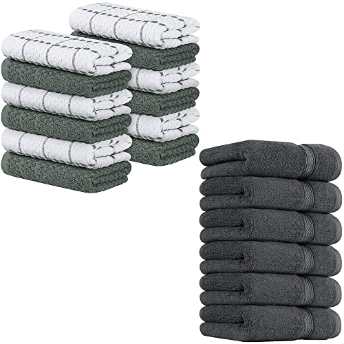 Utopia Towels Bundle of 18 Kitchen and Premium Hand Towels – Pack of 12 Dish Towels, 15”x25” (Grey & White) – 600 GSM Extra Large Grey Hand Towels, 16”x28” – Ring Spun Cotton & Super Soft