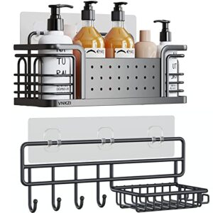 vnkzi full stainless steel adhesive shower caddy shelf organizer, no drilling rustproof wall stall basket high suction shelves with soap sponge holder, bathroom storage rack