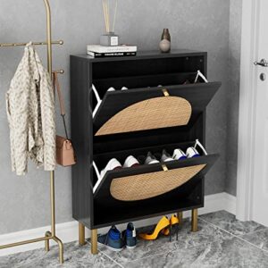 pvillez natural rattan shoe cabinet, modern free standing shoe racks storage cabinet with 2 flip drawers and storage shelves, narrow shoe rack cabinet for entryway, hallway, bedroom, black