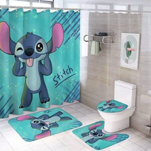 fmsnupz cartoon shower curtain 4pcs set, cute bathroom decor with non-slip rugs, toilet lid cover and bath mat, waterproof fabric shower curtains with 12 hooks, 70.8"x70.8"