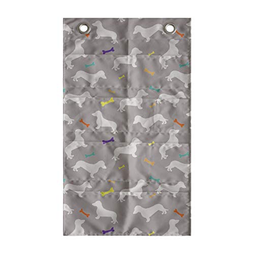 Lunarable Dachshund Hanging Pocket Organizer, Colorful Cartoon Bones and House Pet Silhouettes Domestic Dogs Greyscale Backdrop, Printed Polyester Storage Bag with Pockets, 21" x 31", Multicolor