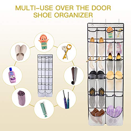 ULG Over The Door Shoe Organizer Shoe Holder with 22 Extra Large Clear Pockets Hanging Shoe Organizer with 3 Adjustable Metal Hooks for Bedroom Closet Bathroom Kitchen, 2 Pack White (62 x 21 inch)