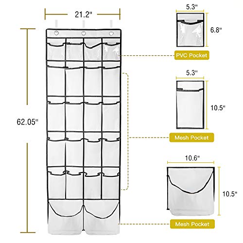 ULG Over The Door Shoe Organizer Shoe Holder with 22 Extra Large Clear Pockets Hanging Shoe Organizer with 3 Adjustable Metal Hooks for Bedroom Closet Bathroom Kitchen, 2 Pack White (62 x 21 inch)