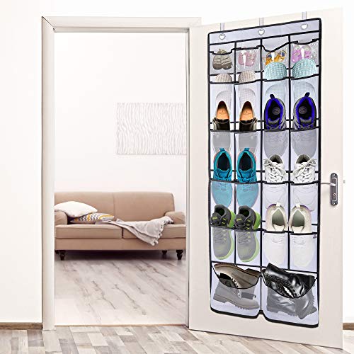 ULG Over The Door Shoe Organizer Shoe Holder with 22 Extra Large Clear Pockets Hanging Shoe Organizer with 3 Adjustable Metal Hooks for Bedroom Closet Bathroom Kitchen, 2 Pack White (62 x 21 inch)