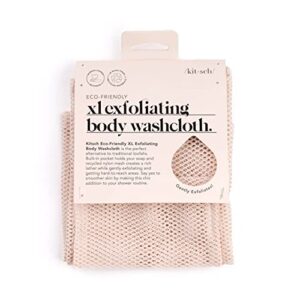 kitsch xl exfoliating body scrubber - shower scrubber for body with built in pocket | recycled nylon exfoliating washcloth | body scrubbers for use in shower | extra long bath scrubber, 1 pc (blush)