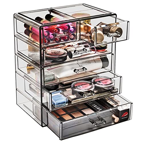 Sorbus Acrylic Clear Makeup Organizer - Big & Spacious Cosmetic Display Case - Stylish Designed Jewelry & Make Up Organizers and Storage for Vanity, Bathroom (4 Large, 2 Small Drawers - Black Jewel)