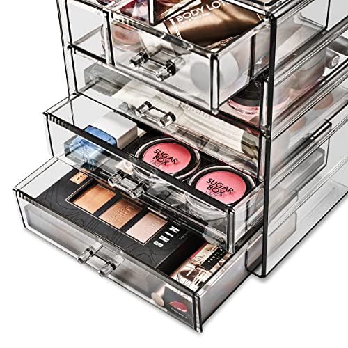 Sorbus Acrylic Clear Makeup Organizer - Big & Spacious Cosmetic Display Case - Stylish Designed Jewelry & Make Up Organizers and Storage for Vanity, Bathroom (4 Large, 2 Small Drawers - Black Jewel)