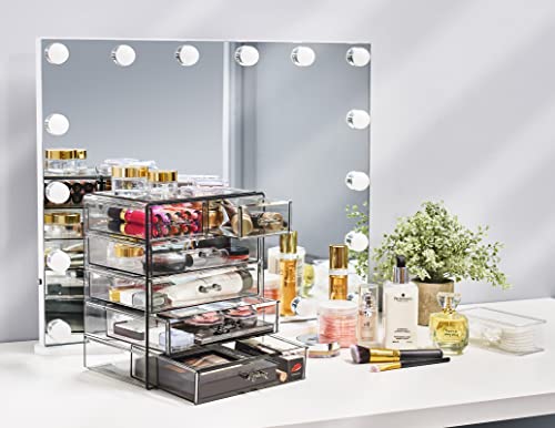 Sorbus Acrylic Clear Makeup Organizer - Big & Spacious Cosmetic Display Case - Stylish Designed Jewelry & Make Up Organizers and Storage for Vanity, Bathroom (4 Large, 2 Small Drawers - Black Jewel)