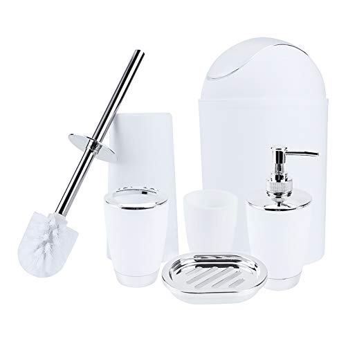 Yosoo Health Gear Bathroom Accessories Set, White Bathroom Accessories Set, 6Pcs Plastic Bathroom Accessory Set with Toothbrush Holder Cup Soup Holder Hand Sanitizer Bottle Toilet Brush Bin