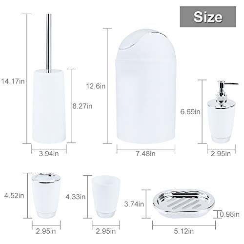 Yosoo Health Gear Bathroom Accessories Set, White Bathroom Accessories Set, 6Pcs Plastic Bathroom Accessory Set with Toothbrush Holder Cup Soup Holder Hand Sanitizer Bottle Toilet Brush Bin