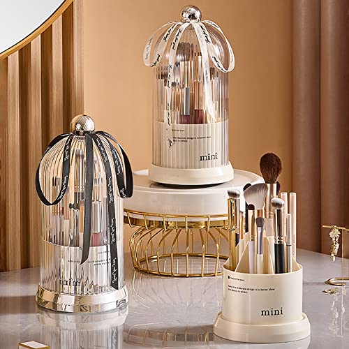 DASITON 360° Rotating Makeup Brush Holder,Covered Dustproof Makeup Brushes Organizer,7 Slot Makeup Brushes Cup,for Vanity Decor,Bathroom Countertops,Cosmetic Display cases（Cream）