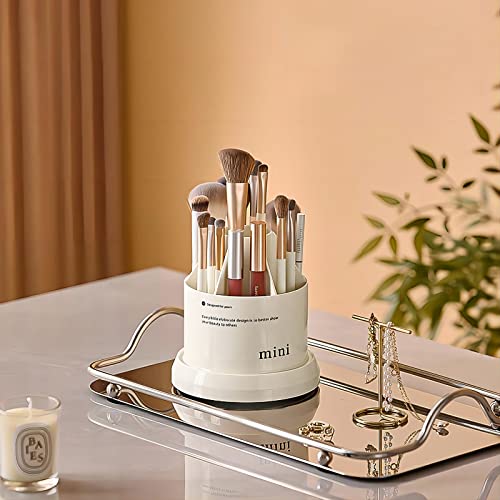 DASITON 360° Rotating Makeup Brush Holder,Covered Dustproof Makeup Brushes Organizer,7 Slot Makeup Brushes Cup,for Vanity Decor,Bathroom Countertops,Cosmetic Display cases（Cream）