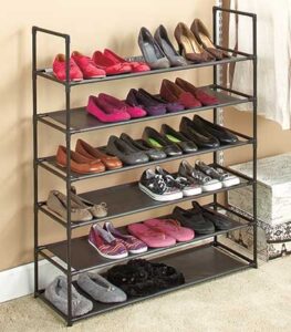 affordable, stackable 6-tier storage shoe rack holds up to 24 shoes, made from metal and plastic - 34"w x 11"d x 41"h