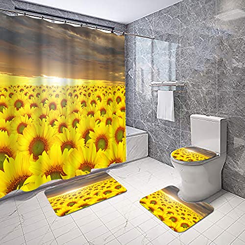 VividHome 4Pcs Sunflowers Shower Curtain Sets with Non-Slip Rugs Toilet Lid Cover and Bath Mat Yellow Floral in The Sunset Landscape Shower Curtains with 12 Hooks Waterproof Bathroom Accessories Set