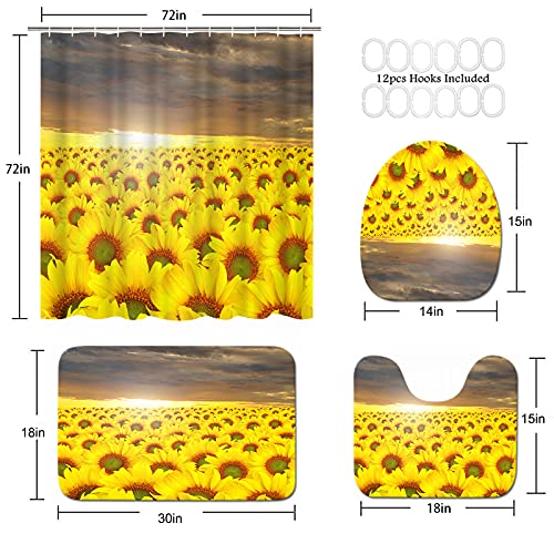 VividHome 4Pcs Sunflowers Shower Curtain Sets with Non-Slip Rugs Toilet Lid Cover and Bath Mat Yellow Floral in The Sunset Landscape Shower Curtains with 12 Hooks Waterproof Bathroom Accessories Set