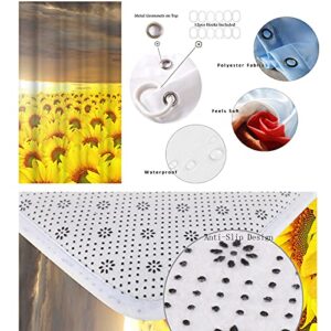 VividHome 4Pcs Sunflowers Shower Curtain Sets with Non-Slip Rugs Toilet Lid Cover and Bath Mat Yellow Floral in The Sunset Landscape Shower Curtains with 12 Hooks Waterproof Bathroom Accessories Set