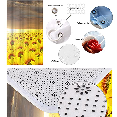 VividHome 4Pcs Sunflowers Shower Curtain Sets with Non-Slip Rugs Toilet Lid Cover and Bath Mat Yellow Floral in The Sunset Landscape Shower Curtains with 12 Hooks Waterproof Bathroom Accessories Set