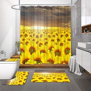 VividHome 4Pcs Sunflowers Shower Curtain Sets with Non-Slip Rugs Toilet Lid Cover and Bath Mat Yellow Floral in The Sunset Landscape Shower Curtains with 12 Hooks Waterproof Bathroom Accessories Set