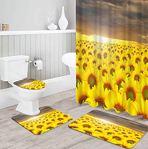 VividHome 4Pcs Sunflowers Shower Curtain Sets with Non-Slip Rugs Toilet Lid Cover and Bath Mat Yellow Floral in The Sunset Landscape Shower Curtains with 12 Hooks Waterproof Bathroom Accessories Set