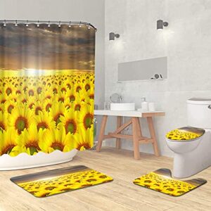 VividHome 4Pcs Sunflowers Shower Curtain Sets with Non-Slip Rugs Toilet Lid Cover and Bath Mat Yellow Floral in The Sunset Landscape Shower Curtains with 12 Hooks Waterproof Bathroom Accessories Set