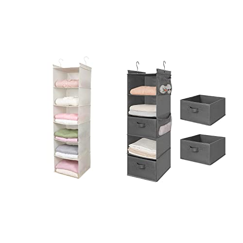 MAX Houser 6 Tier Shelf Hanging Closet Organizer and 5 Tier Shelf Hanging Closet Organizer, Closet Hanging Shelf with 2 Sturdy Hooks for Storage, Foldable,Beige and Grey-D2