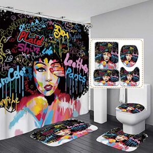 Black is Beautiful Shower Curtain Sets with Non-Slip Rugs, Toilet Lid Cover and Bath Mat Abstract Portrait Afro Shower Curtains with 12 Hooks Durable Waterproof Bath Curtain