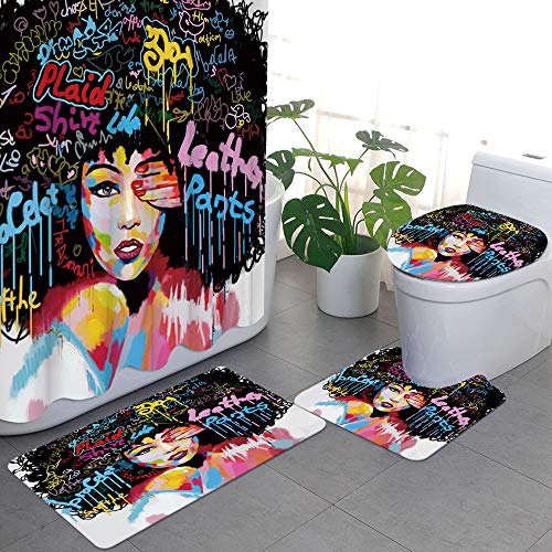 Black is Beautiful Shower Curtain Sets with Non-Slip Rugs, Toilet Lid Cover and Bath Mat Abstract Portrait Afro Shower Curtains with 12 Hooks Durable Waterproof Bath Curtain