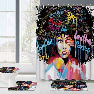 Black is Beautiful Shower Curtain Sets with Non-Slip Rugs, Toilet Lid Cover and Bath Mat Abstract Portrait Afro Shower Curtains with 12 Hooks Durable Waterproof Bath Curtain