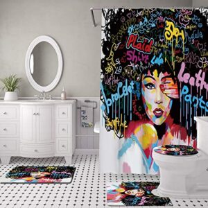 Black is Beautiful Shower Curtain Sets with Non-Slip Rugs, Toilet Lid Cover and Bath Mat Abstract Portrait Afro Shower Curtains with 12 Hooks Durable Waterproof Bath Curtain