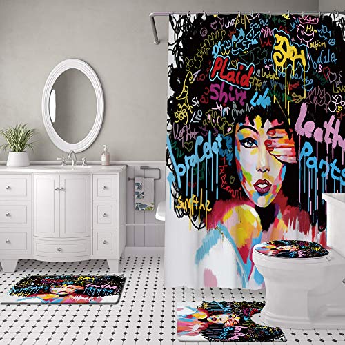 Black is Beautiful Shower Curtain Sets with Non-Slip Rugs, Toilet Lid Cover and Bath Mat Abstract Portrait Afro Shower Curtains with 12 Hooks Durable Waterproof Bath Curtain