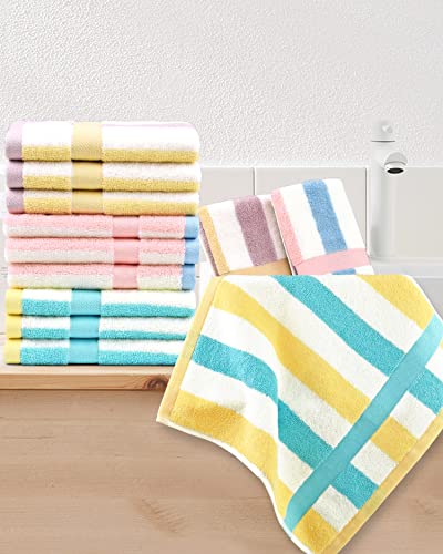 Striped Cotton Washcloths Small Towels Set, 12 Pack Bath Washcloths for Your Face and Body 13 x 13 Inches, Face Cloths for Washing Face, 3 Colors Wash Cloths Face Towels for Bathroom