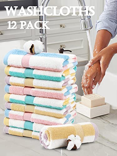 Striped Cotton Washcloths Small Towels Set, 12 Pack Bath Washcloths for Your Face and Body 13 x 13 Inches, Face Cloths for Washing Face, 3 Colors Wash Cloths Face Towels for Bathroom