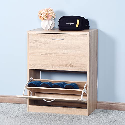 HomVent Modern Shoe Cabinet with 2 Flip Drawers for Entryway Natural Wood Grain Shoe Rack Cabinet Freestanding Shoe Storage Organizer for Small Space