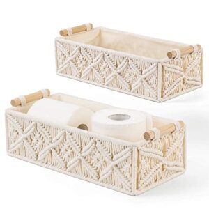 timeyard macrame storage baskets for toilet paper, small decorative shelf baskets for bedroom, bathroom, living room, boho decor box for small items, set of 2, beige