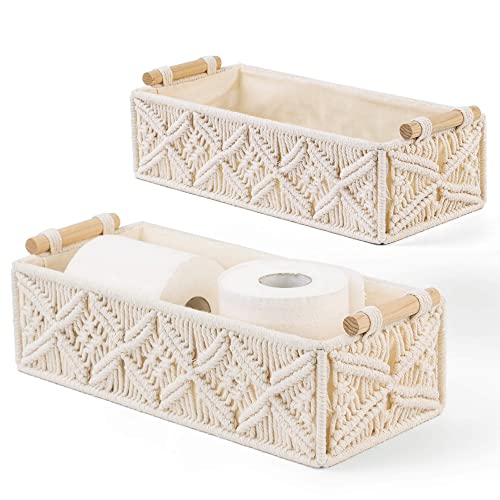 TIMEYARD Macrame Storage Baskets for Toilet Paper, Small Decorative Shelf Baskets for Bedroom, Bathroom, Living room, Boho Decor Box for small items, Set of 2, Beige